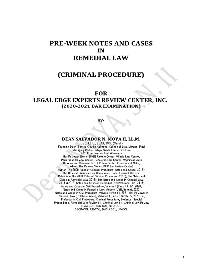 Preweek - Remedial Law - Dean Salvador N. Moya II - 3 - CRIMPRO | PDF | Prosecutor | Lawsuit