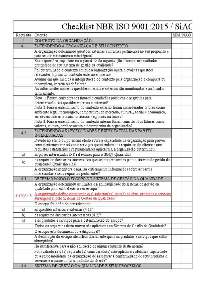 Checklist NBR ISO 9001 2015 - PBQP-H - Geral | PDF | Qualidade ...