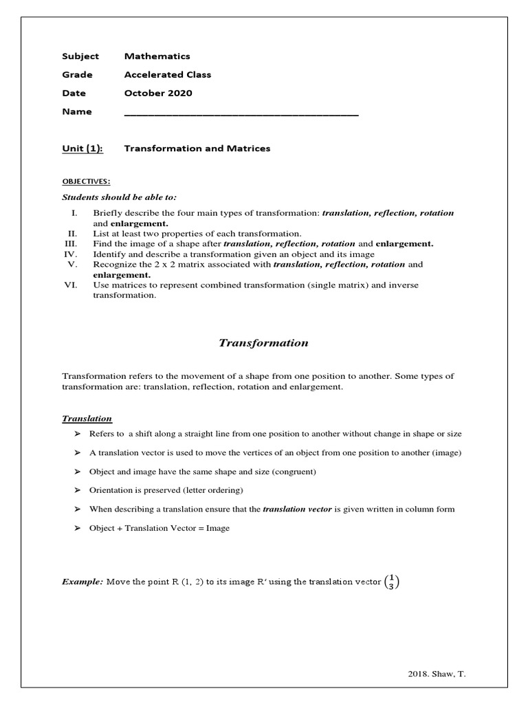 Worksheet 2 - Transformation | PDF | Shape | Cartesian Coordinate System