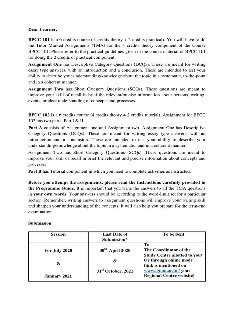 BAPCH-bpcc101-102 2020-2021 | PDF | Essays | Brain