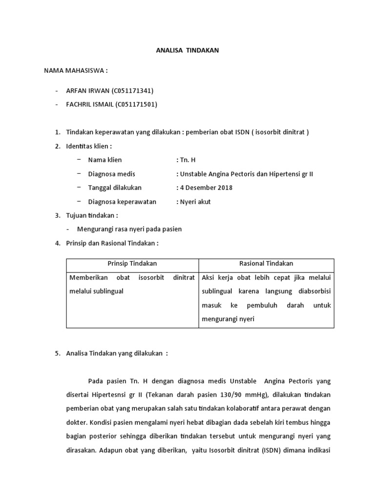 ANALISA TINDAKAN Pemberian Obat ISOSORBIT DINITRART (ISDN) | PDF