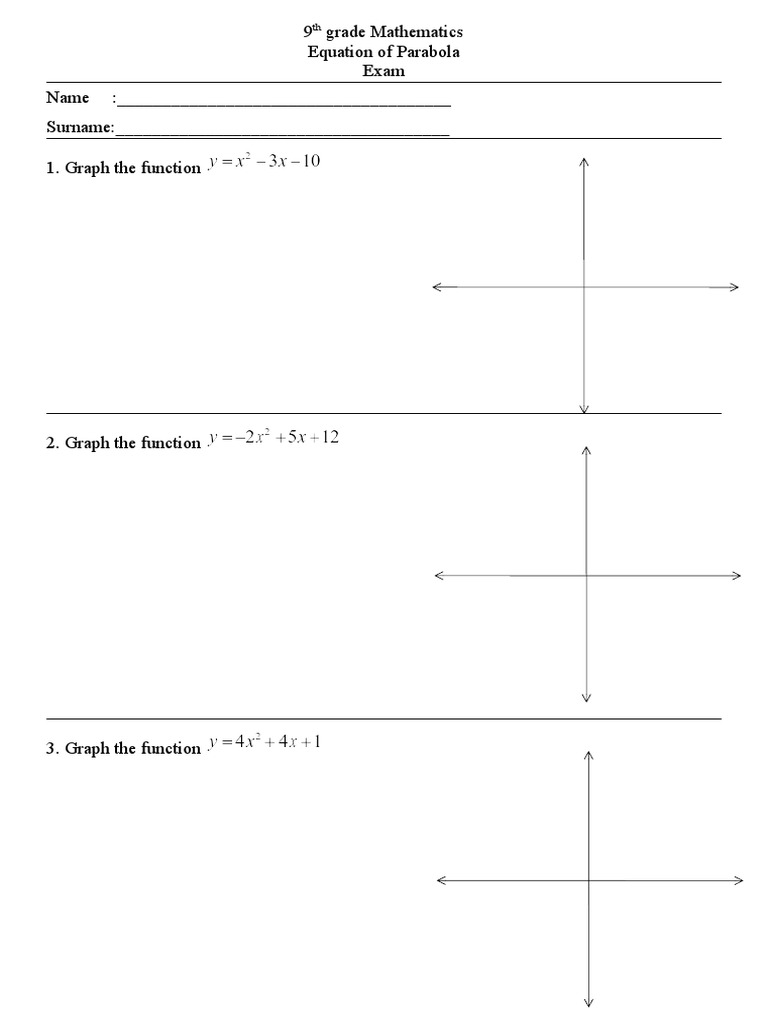 9th Grade Equation of Parabola Exam A | PDF