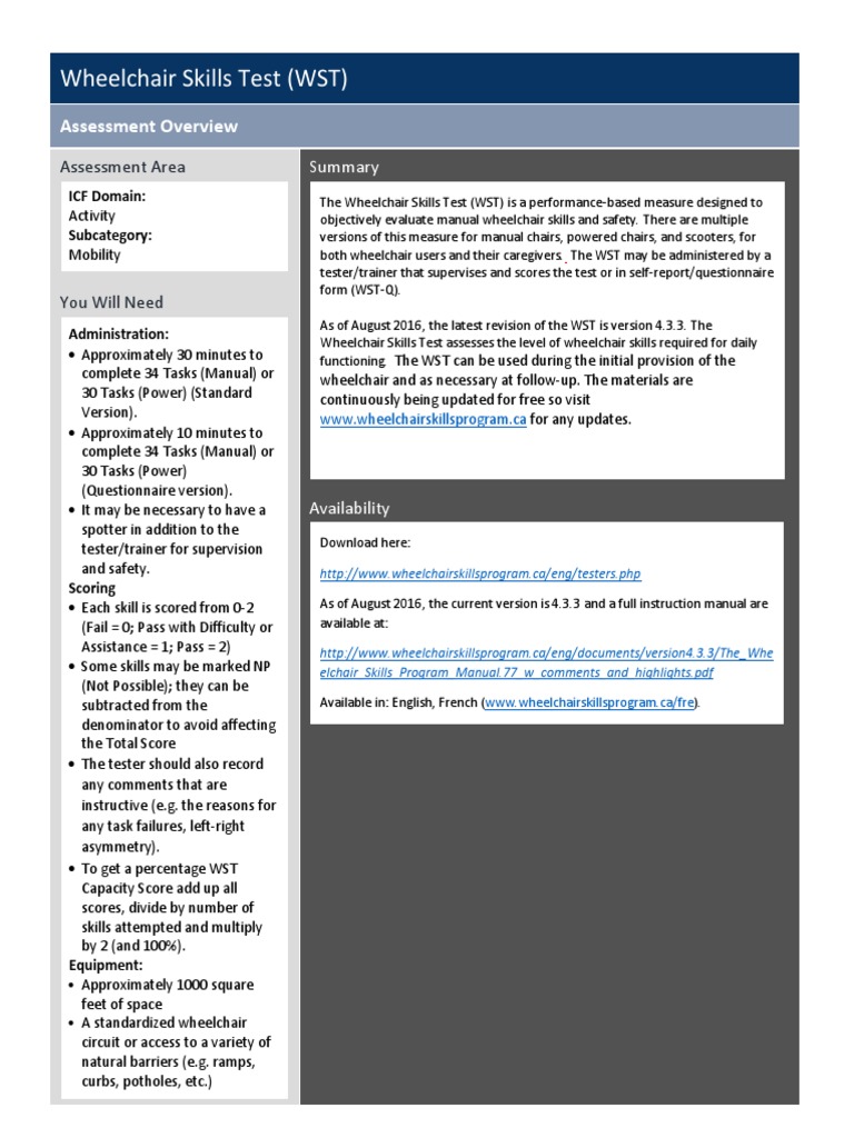 Wheelchair Skills Test (WST) : Assessment Overview | PDF | Wheelchair