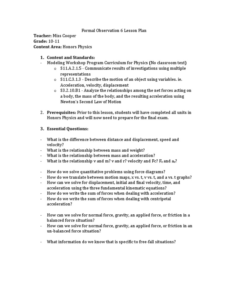 Formal Observation 6 Lesson | PDF | Force | Acceleration