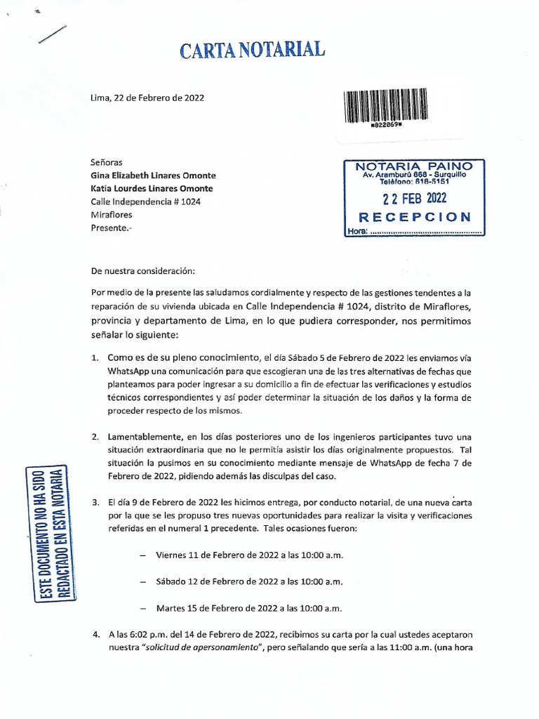 Carta Notarial 822069 22 FEB 2022 NOTARÍA PINO. Oncocenter Perú S.A.C ...