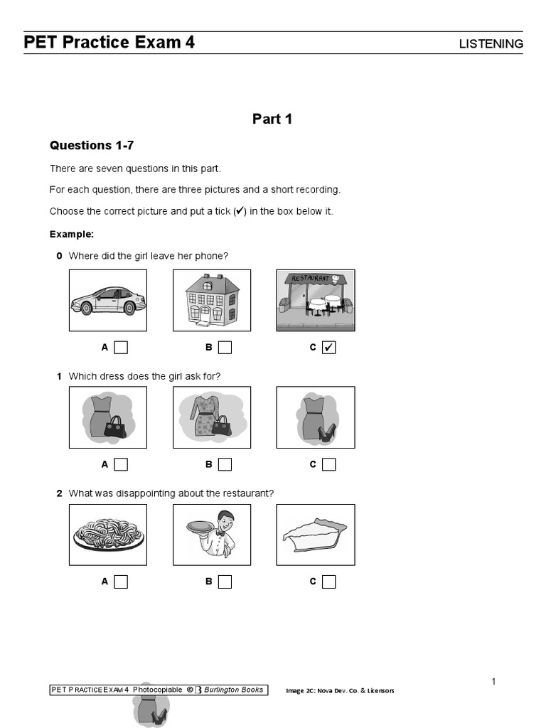 PET Practice Exam 4: Questions 1-7 | PDF