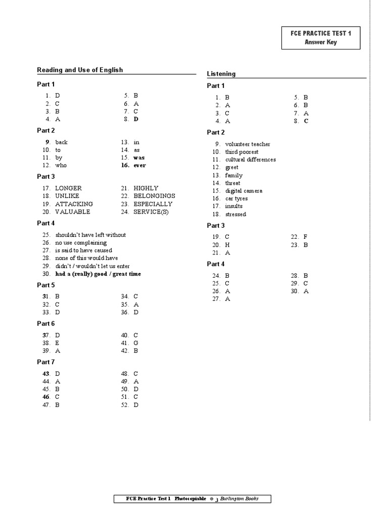 Reading and Use of English Listening: Fce Practice Test 1 Answer Key | PDF