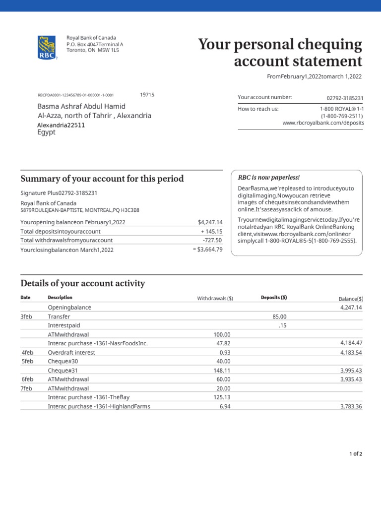 Your Personal Chequing Account Statement | PDF | Transaction Account ...