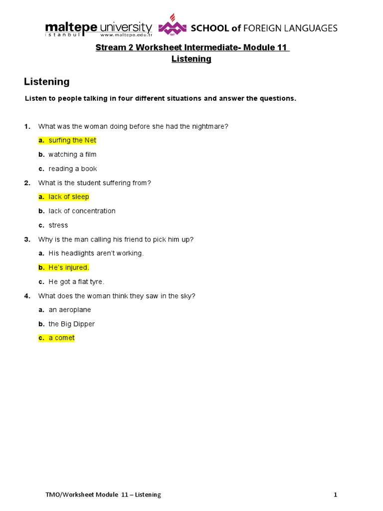 Listening: Stream 2 Worksheet Intermediate-Module 11 Listening | PDF ...