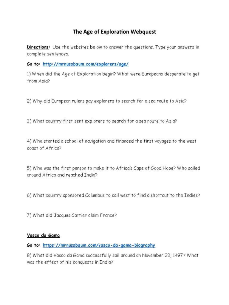 The Age of Exploration Webquest: Directions: Use The Websites Below To ...