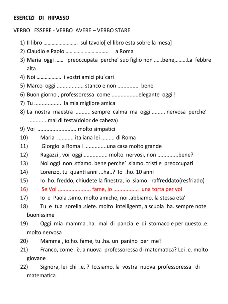 Esercizi Essere Avere Stare | PDF