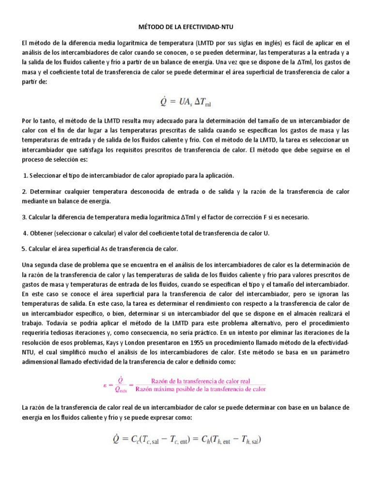 Método de La Efectividad Ntu | PDF | Intercambiador de calor | Calor