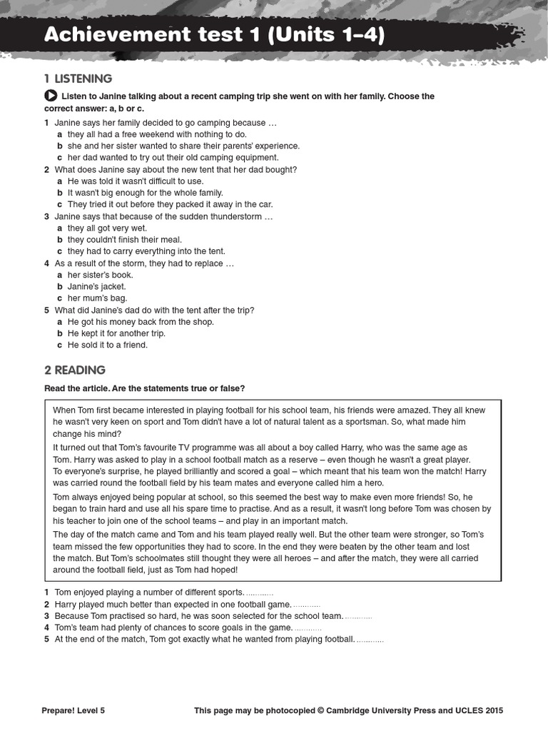 Prepare Level 5 Achievement Test 1 U1-4 | PDF