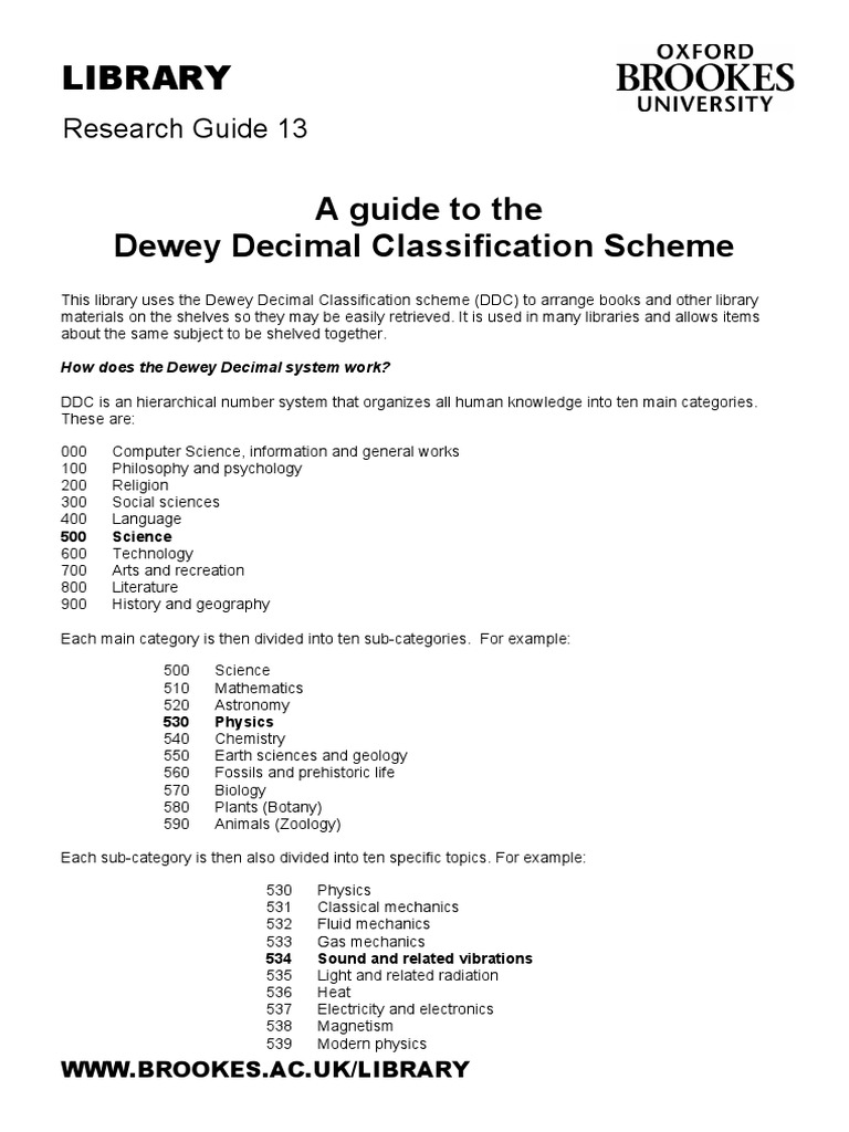 A Guide To The Dewey Decimal Classification Scheme | PDF | Science ...
