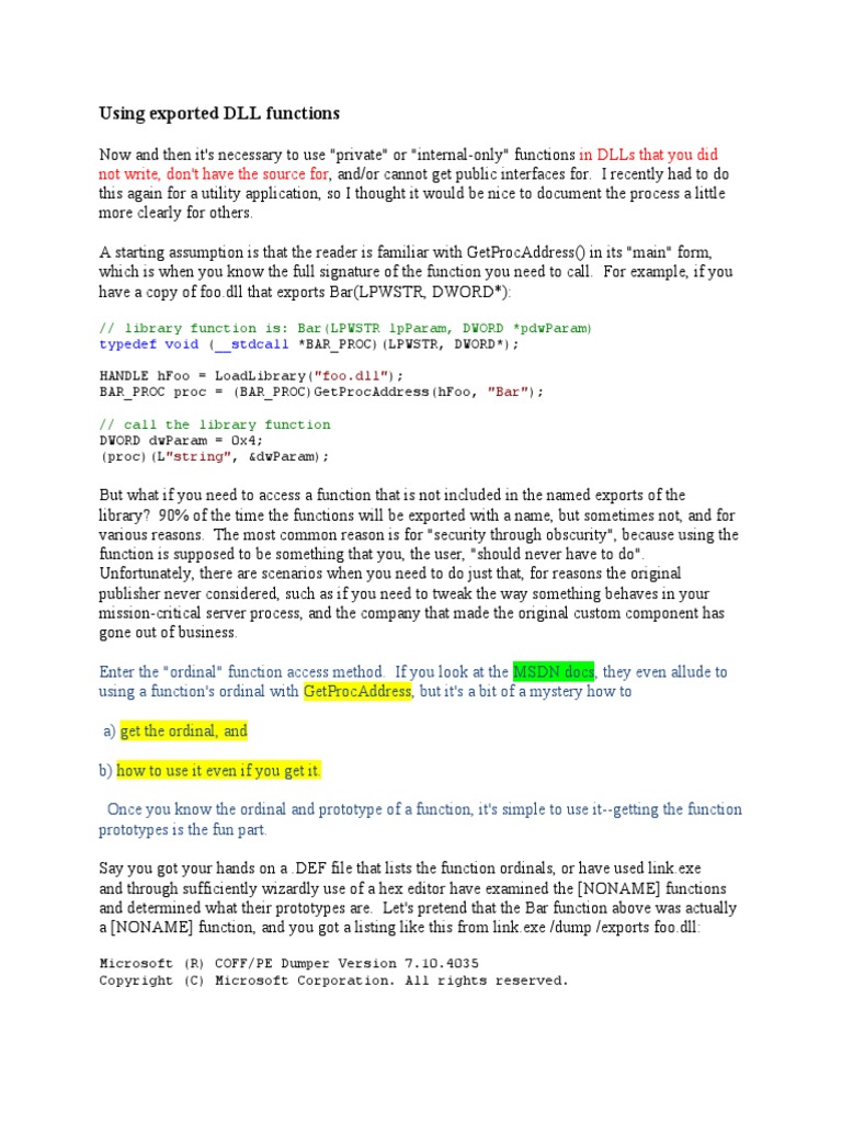 Using Exported Dll Functions In Dlls That You Did Not Write Dont Have The Source For Pdf