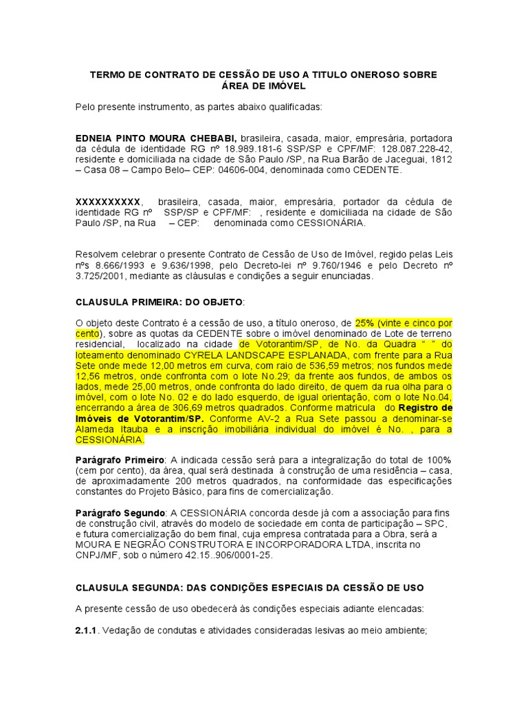 Contrato De Cessão De Uso De Imóvel Residencial Pdf Direito Privado