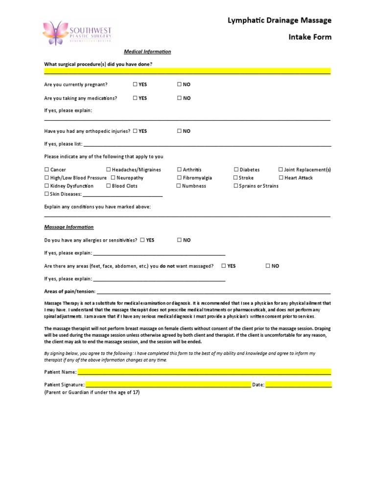 Lymphatic Drainage Massage Intake Form: Medical Information | PDF ...
