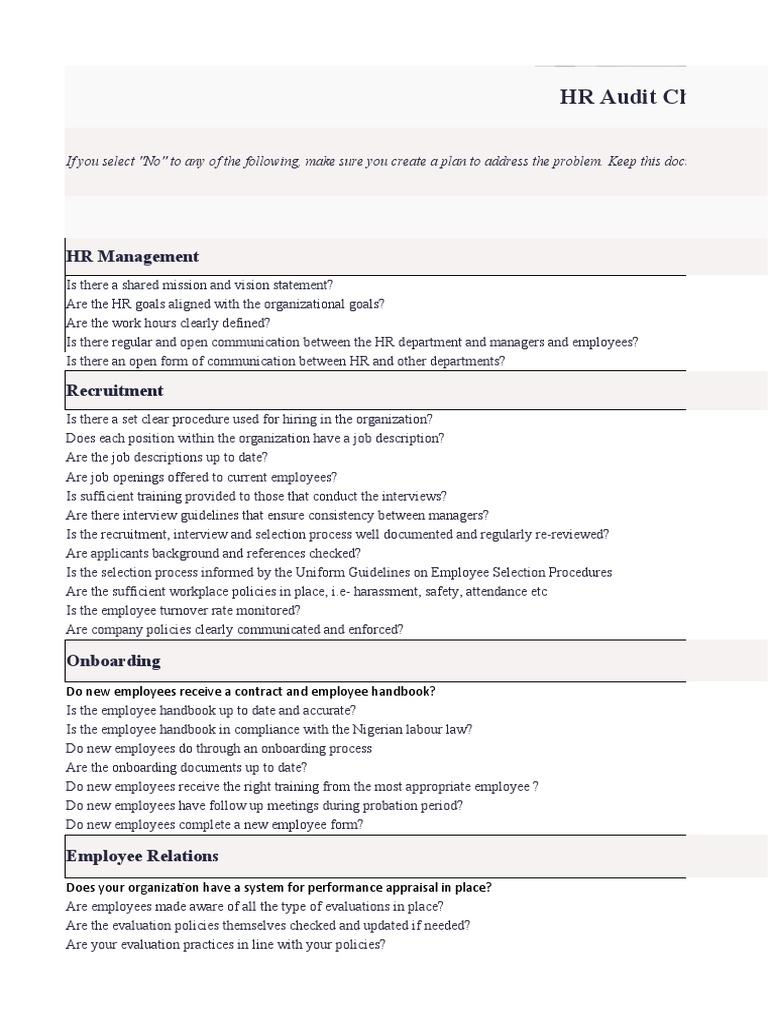HR Audit Checklist | PDF | Employment | Occupational Safety And Health