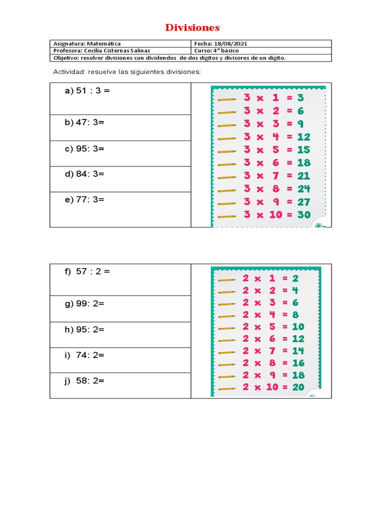 Divisiones para 4° Básico: Ejercicios | PDF | Métodos y materiales de ...