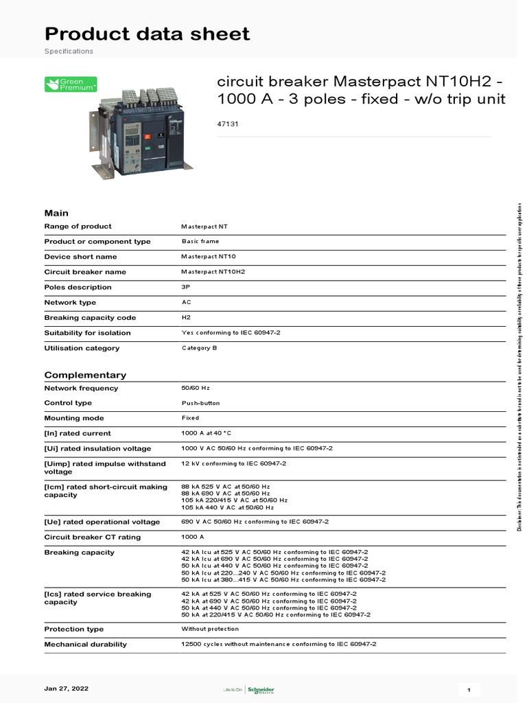 Masterpact NT10H2 1000A 3-Pole Fixed Circuit Breaker Product Data Sheet | PDF | Alternating ...