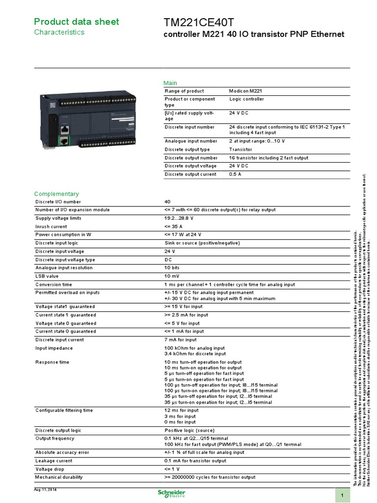 Modicon M221 Controller Specs | PDF | Usb | Hertz