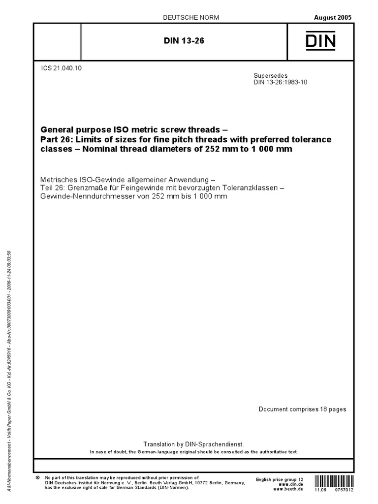 Din 13-26-Dimensoes Rosca 252 A 1000 | PDF | Screw | Metalworking