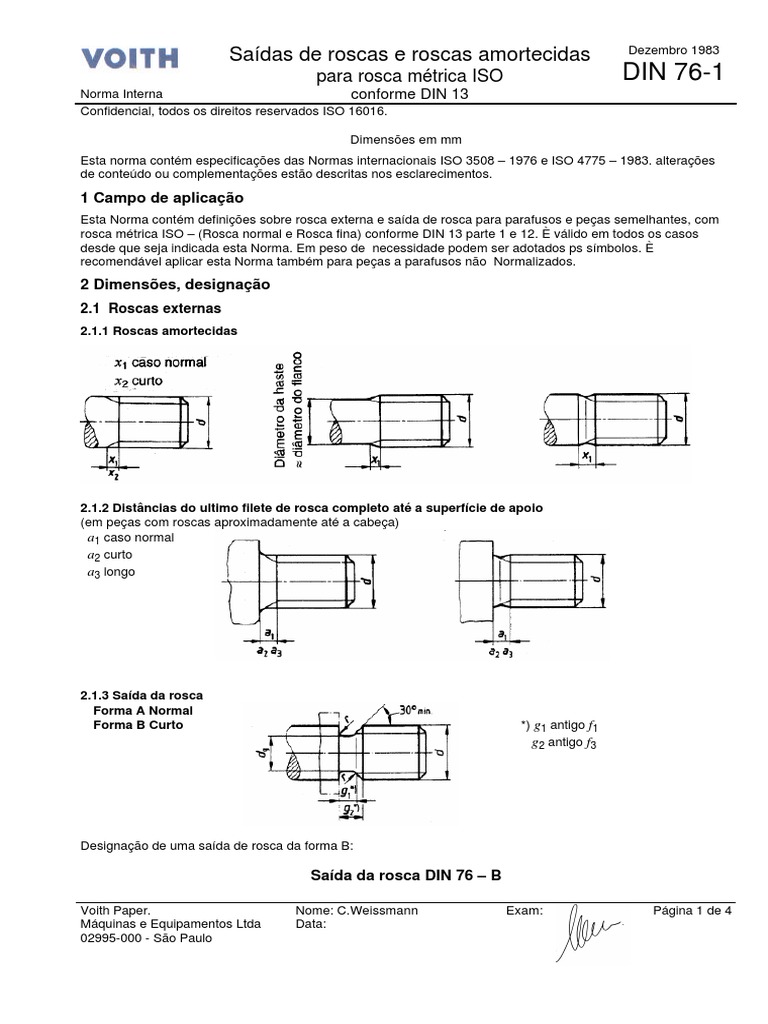 Especificações técnicas de dimensões, tolerâncias e designações de ...