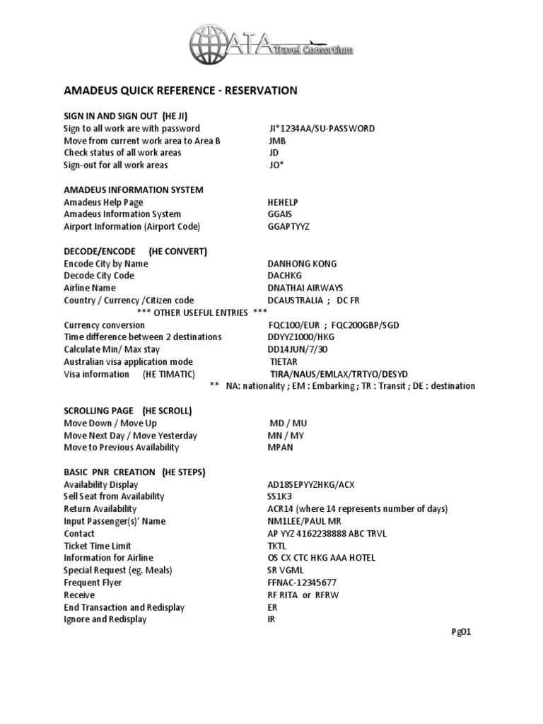 QUICK REFERENCE FOR AMADEUS RESERVATION FUNCTIONS | PDF | Companies ...