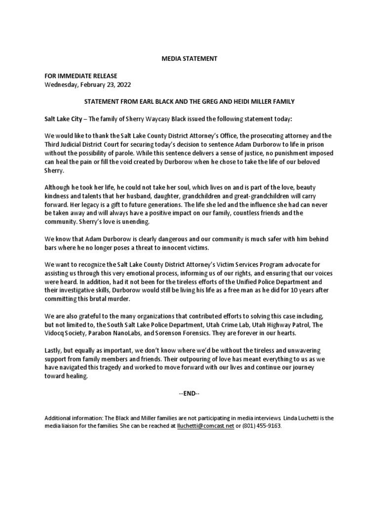 Black & Miller Family Statement After Adam Durborow Sentencing | PDF ...