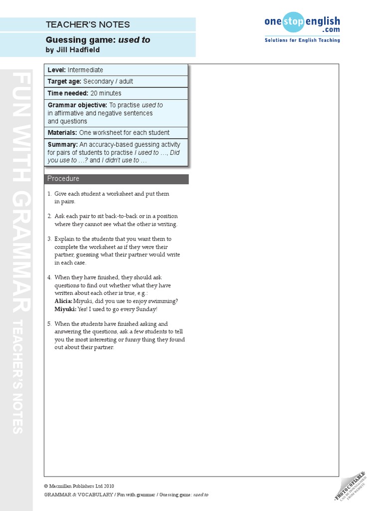 Guessing Game: Used To: Teacher'S Notes | PDF | Linguistics | Cognitive ...