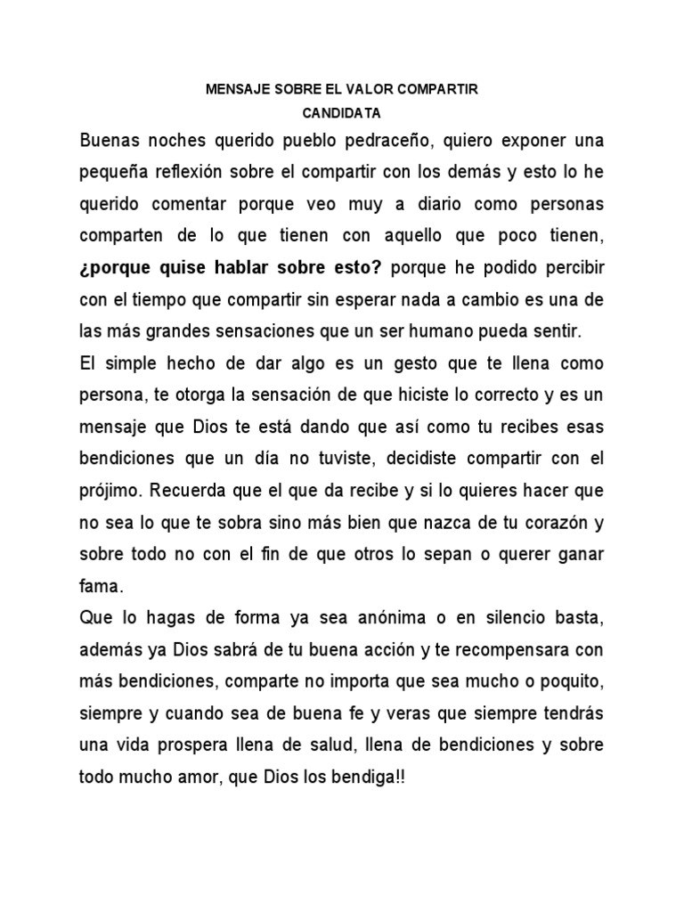 Mensaje Sobre El Valor Compartir | PDF
