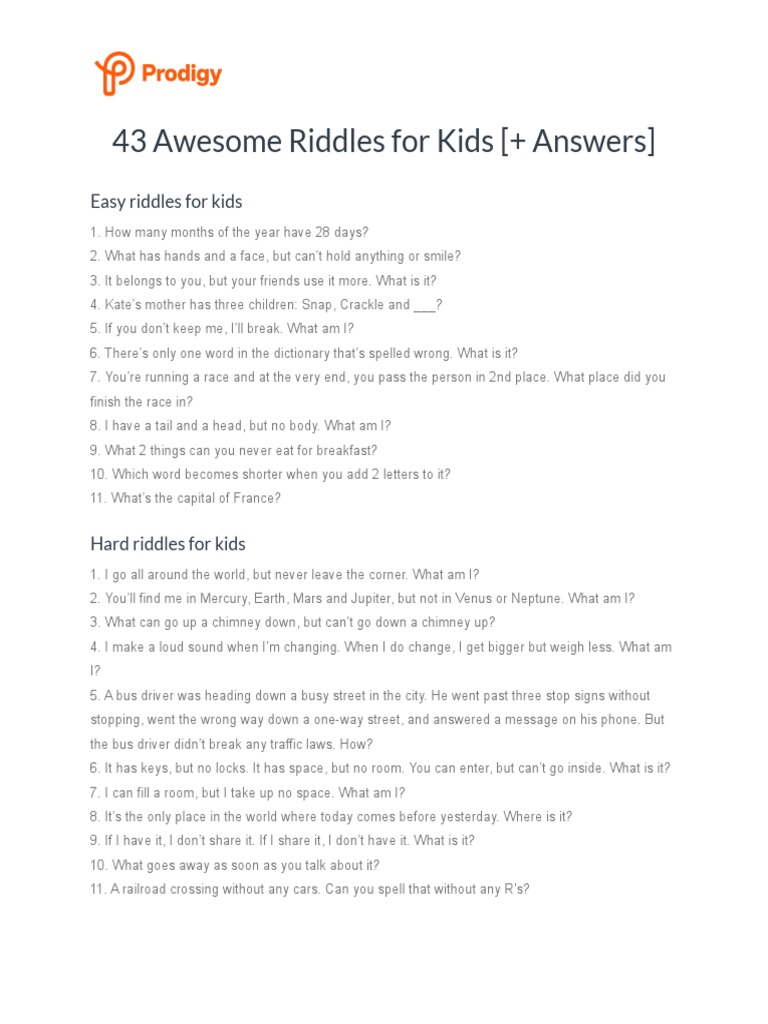 43 Awesome Riddles For Kids (+ Answers) | PDF