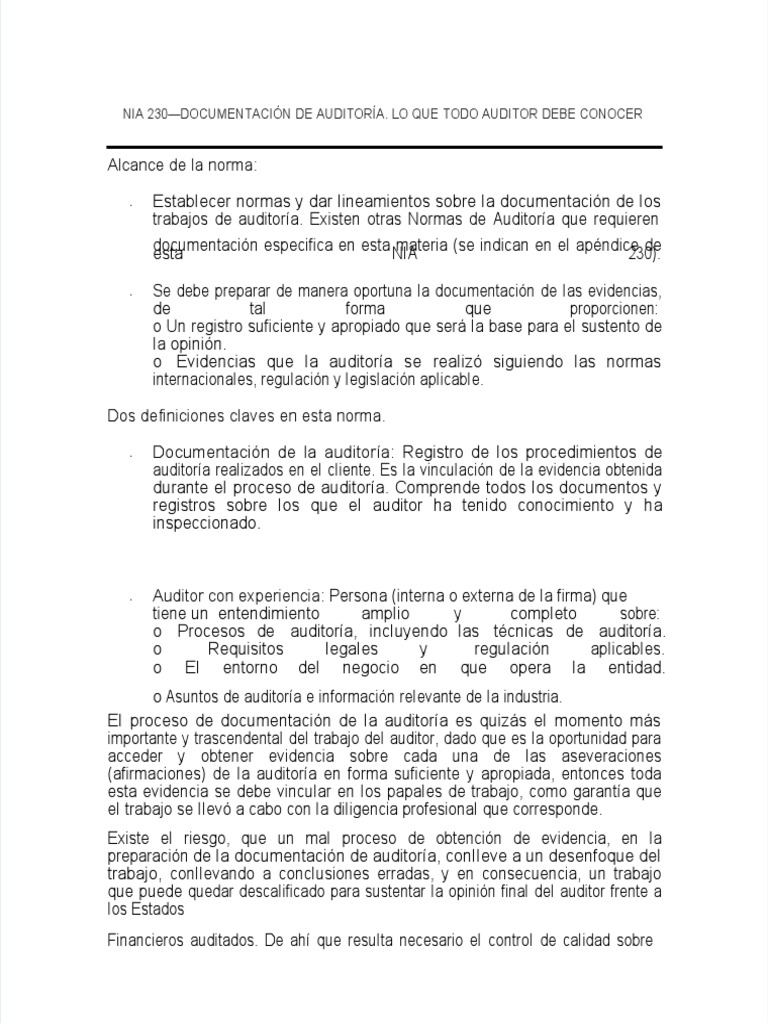 PDF Nia 230 Documentacion de Auditoria | PDF | Auditoría | Inteligencia ...