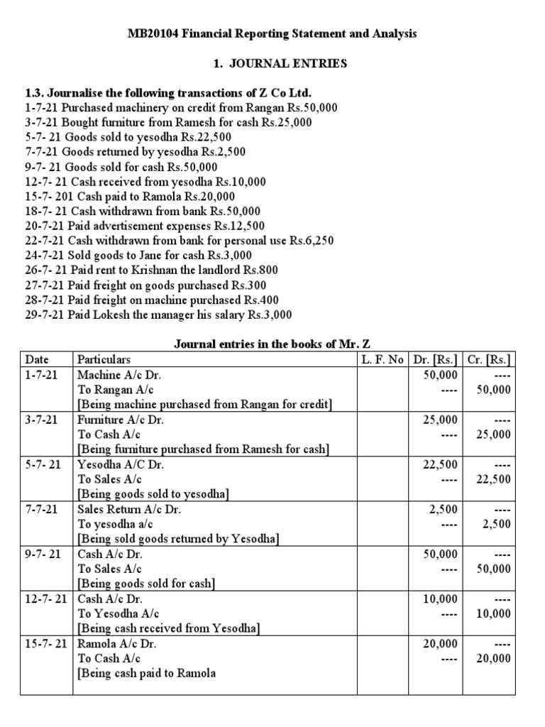 MB20104 Financial Reporting Statement and Analysis 1. Journal Entries 1 ...
