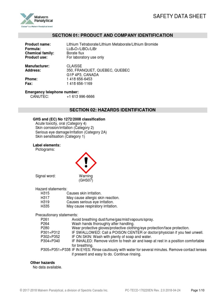 Section 01: Product and Company Identification: Safety Data Sheet | PDF ...