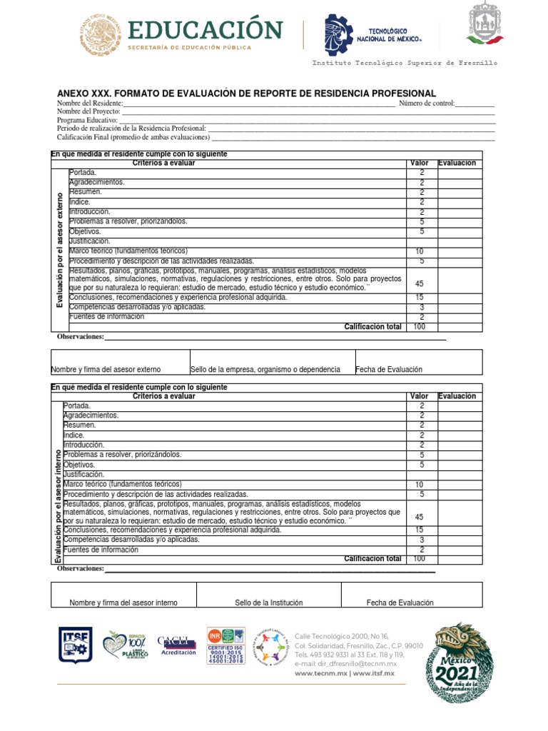 Anexo Xxx. Formato de Evaluación de Reporte de Residencia Profesional | PDF | Evaluación ...