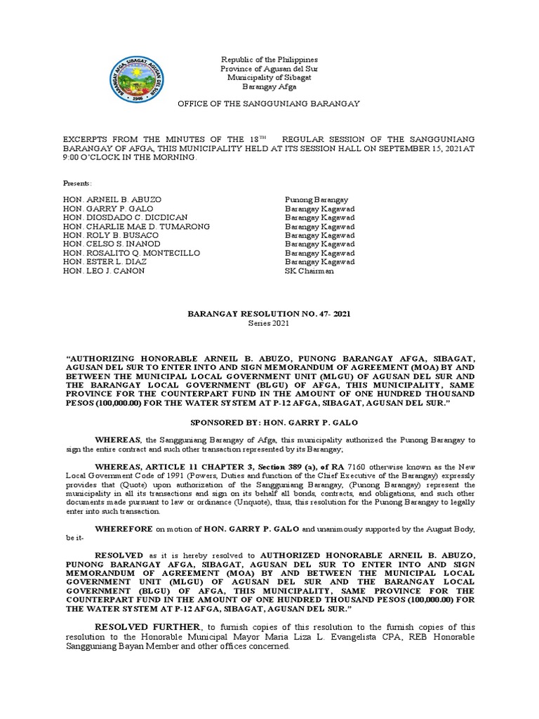 Resolution Authorizing the Punong Barangay of Barangay Afga to Sign a ...