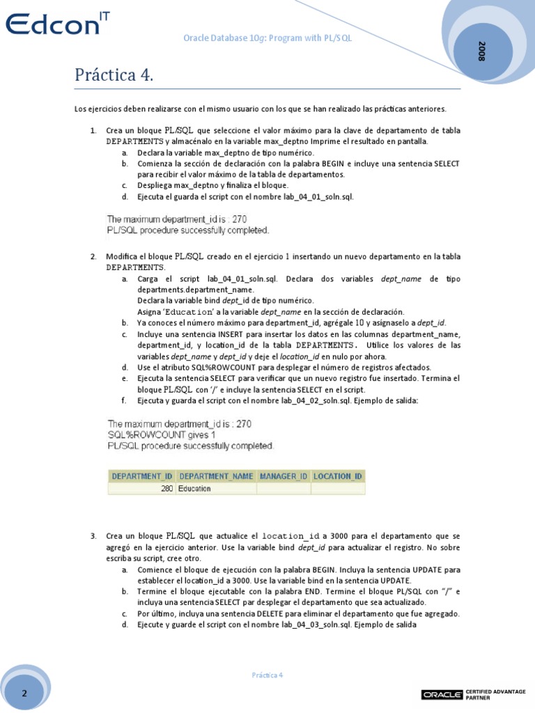 Ejercicios PL/SQL en Oracle 10g | PDF | SQL | Pl / Sql