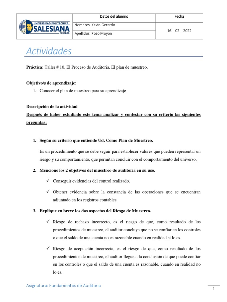 Taller # 10 de Auditoria - Kevin Pozo | PDF | Auditoría | Cognición