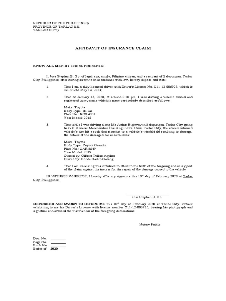 Affidavit of Insurance Claim: Know All Men by These Presents | PDF