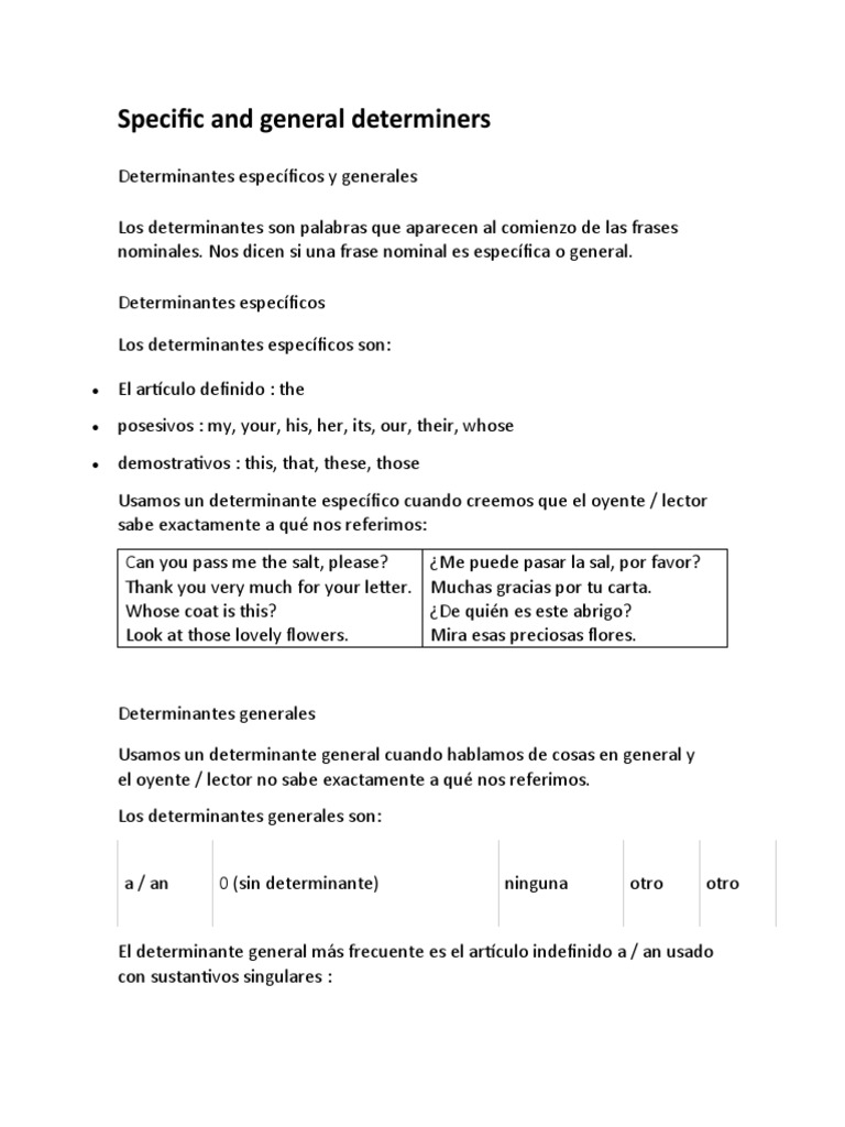 Specific and General Determiners | PDF | Gramática | Unidades Semánticas