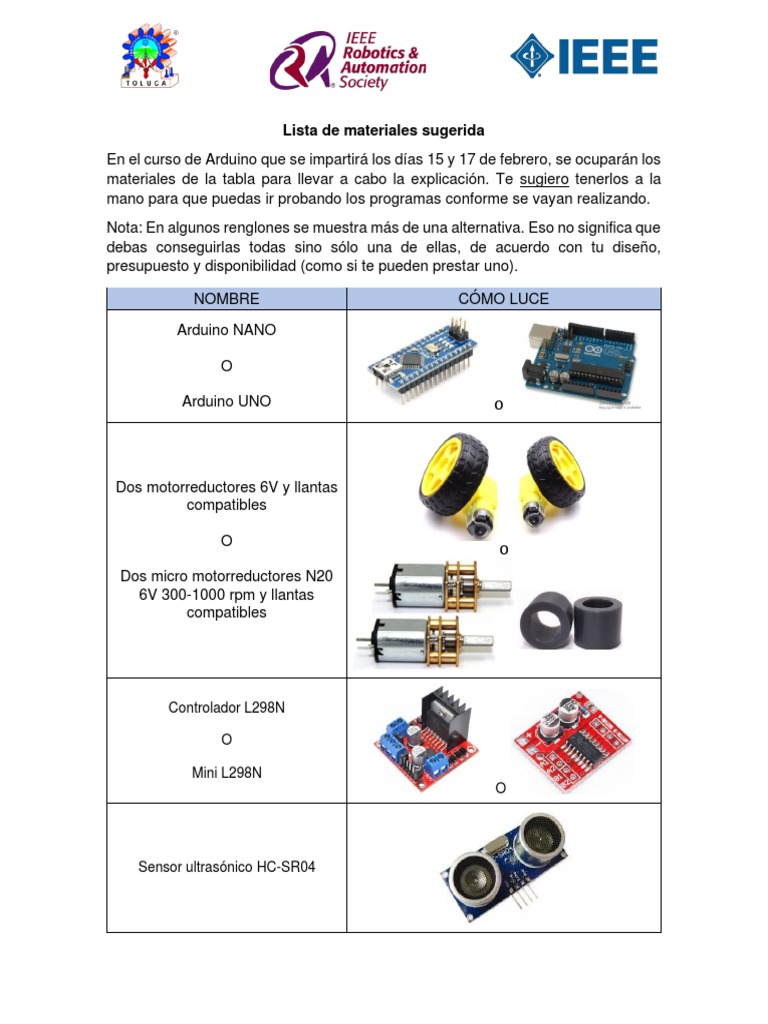 Lista de Materiales Sugerida-Curso Arduino | PDF