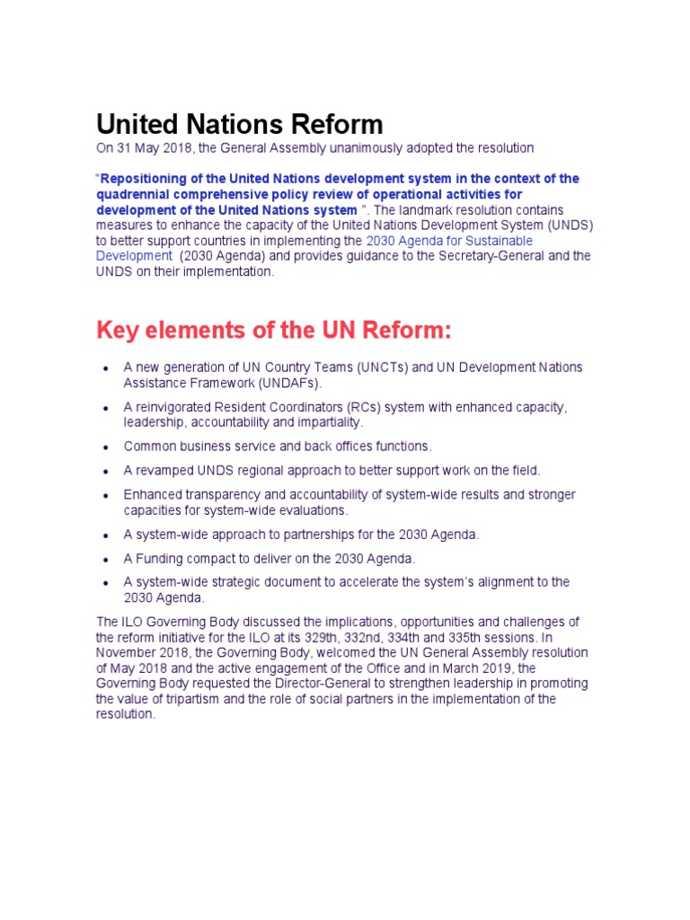 United Nations Reform: Key Elements of The UN Reform | PDF