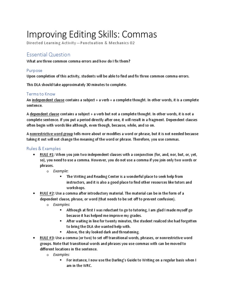 Improving Editing Skills: Commas: Essential Question | Download Free ...