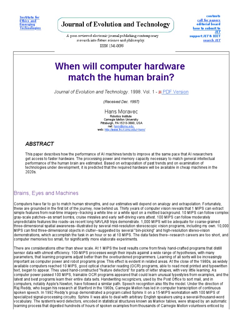 When Will Computer Hardware Match The Human Brain - by Hans Moravec ...