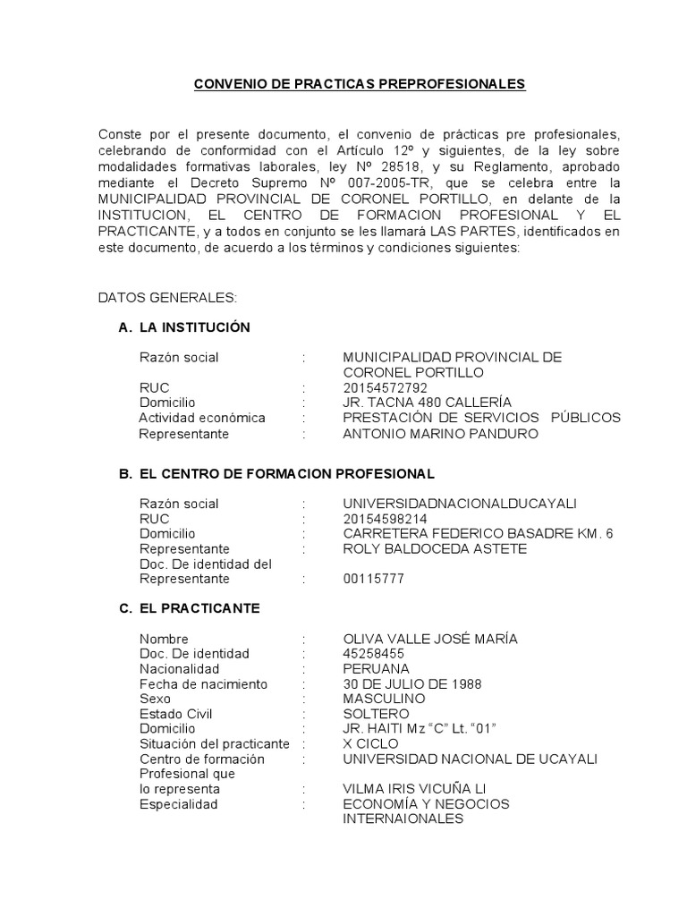 Modelo de Convenio de Practicas Pre Profesionales | PDF | Seguro ...