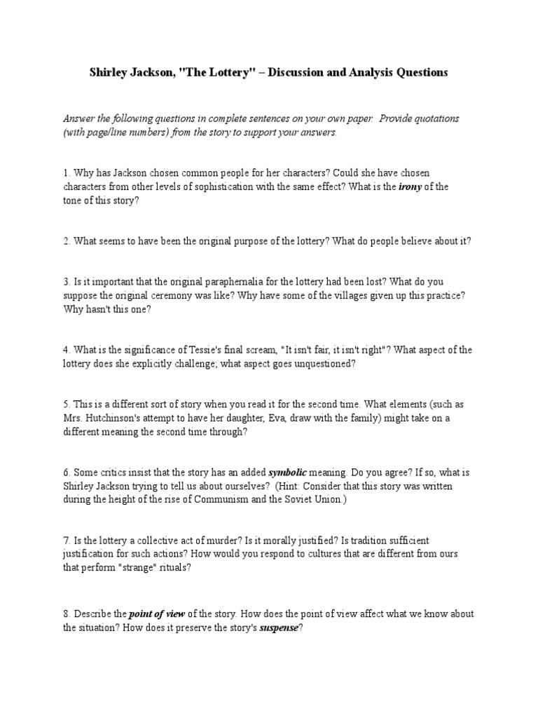 The Lottery Discussion Analysis Questions | PDF | Traditions | Morality