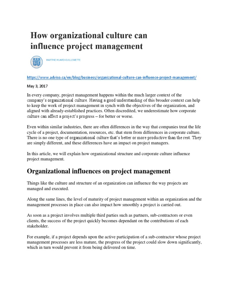 How Organizational Culture Can Influence Project Management | PDF ...