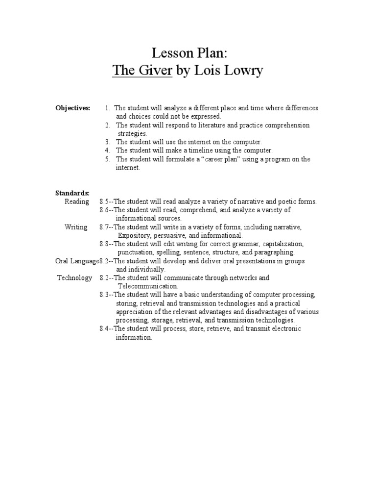 Lesson Plan The Giver by Lois Lowry | PDF | The Giver | Educational ...