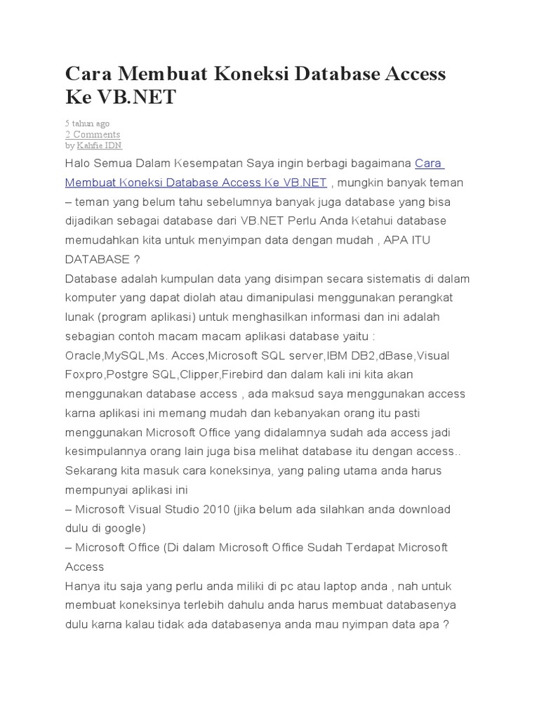 Cara Membuat Koneksi Database Access Ke VB | PDF